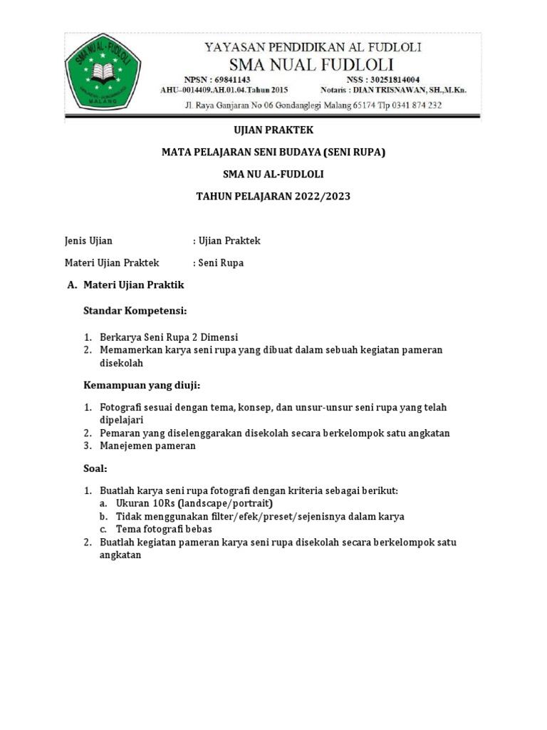 Ujian Praktek Seni Rupa 12 2023 | PDF
