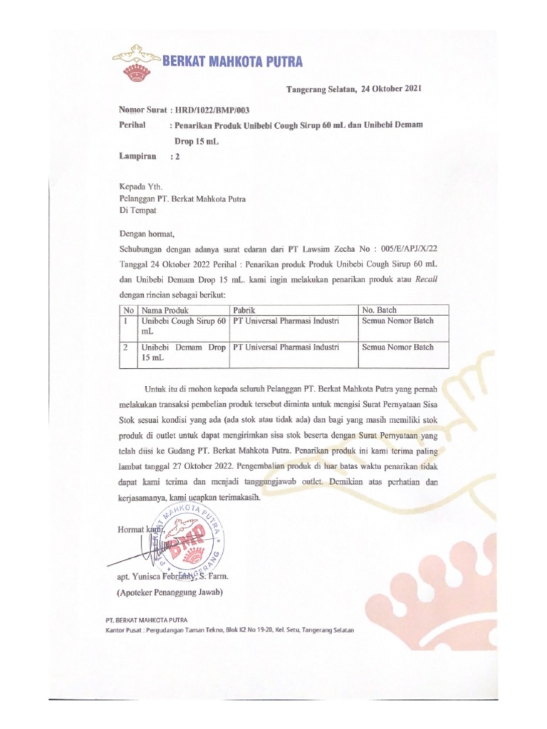 Recall Produk Unibebi Cough & Unibebi Demam Drop | PDF
