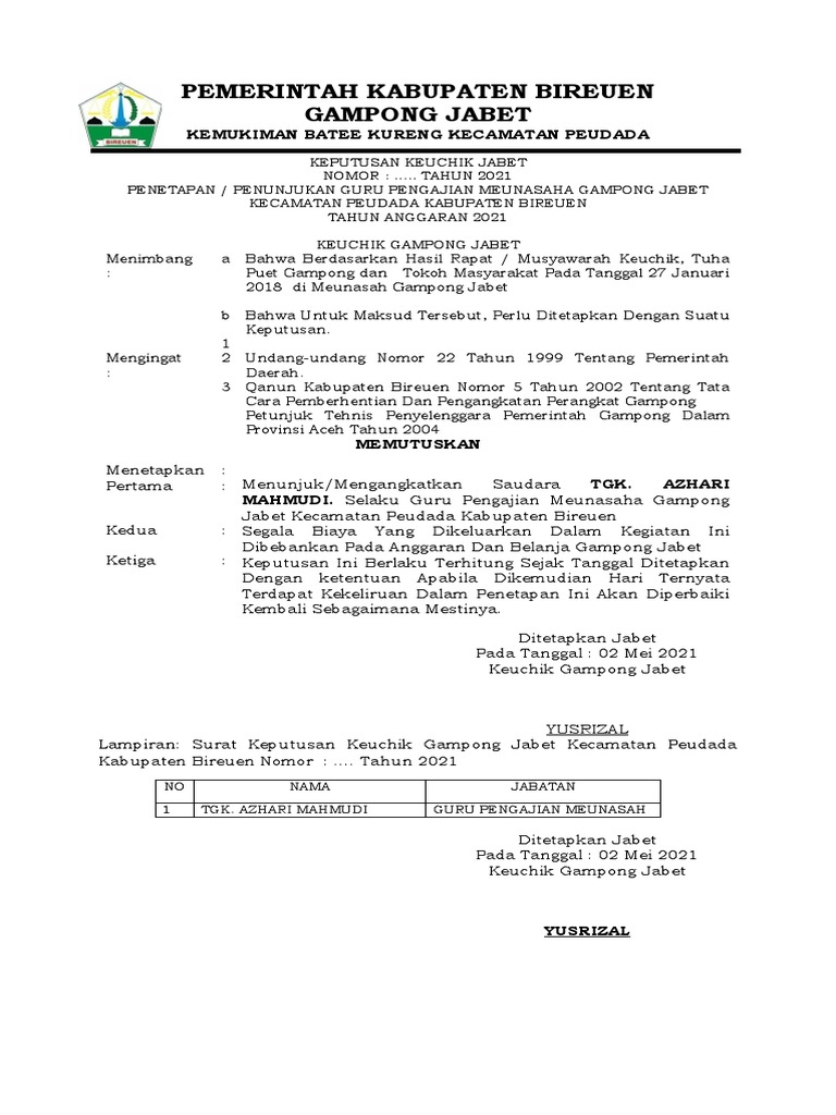 SK Guru Pengajian Meunasah | PDF