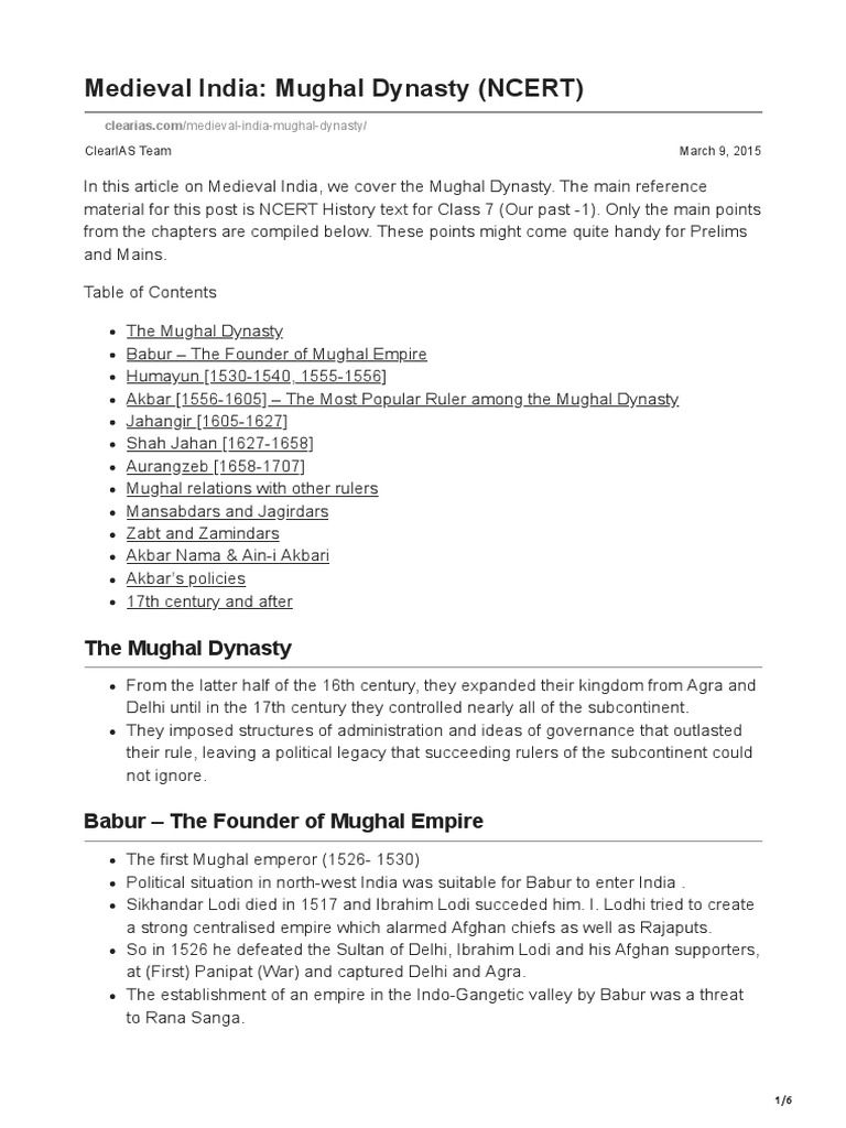 Medieval India Mughal Dynasty NCERT | PDF | Mughal Empire | South Asia