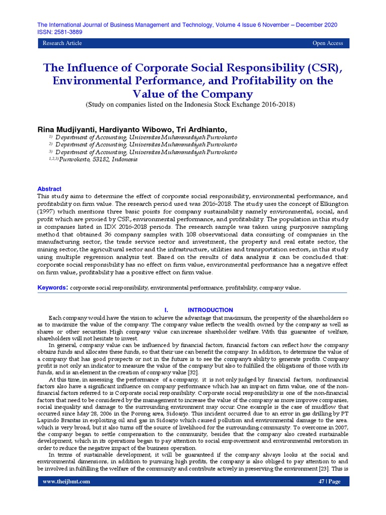 The Influence of Corporate Social Responsibility (CSR), Environmental Performance, and ...