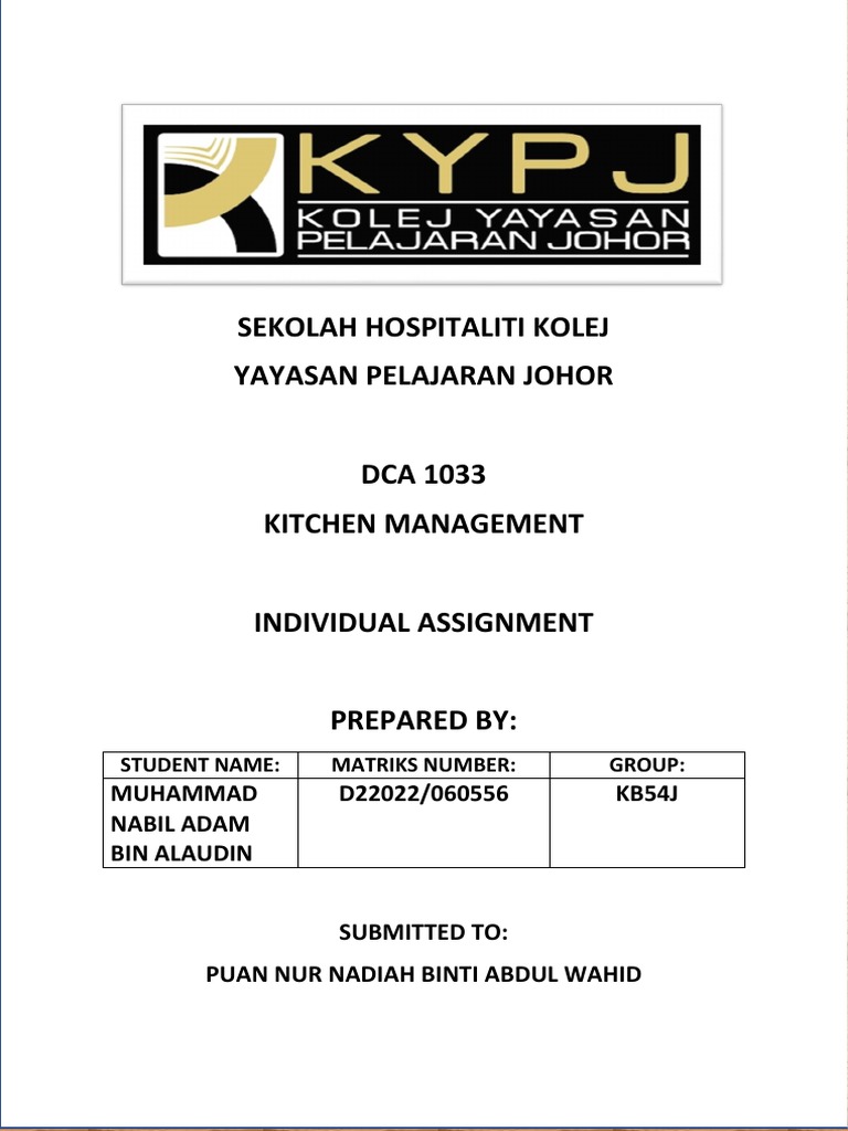 Individual Assignment Kitchen Management | PDF | Foodservice | Kitchen