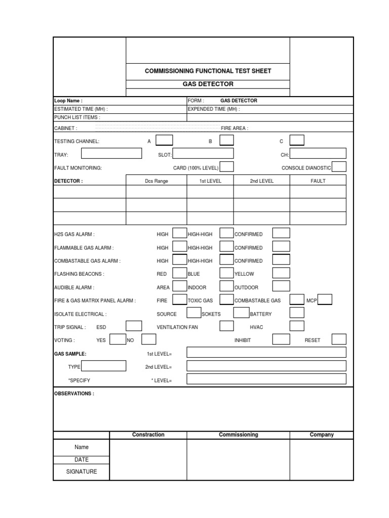 Gas Detector Commissioning Test Sheet | PDF