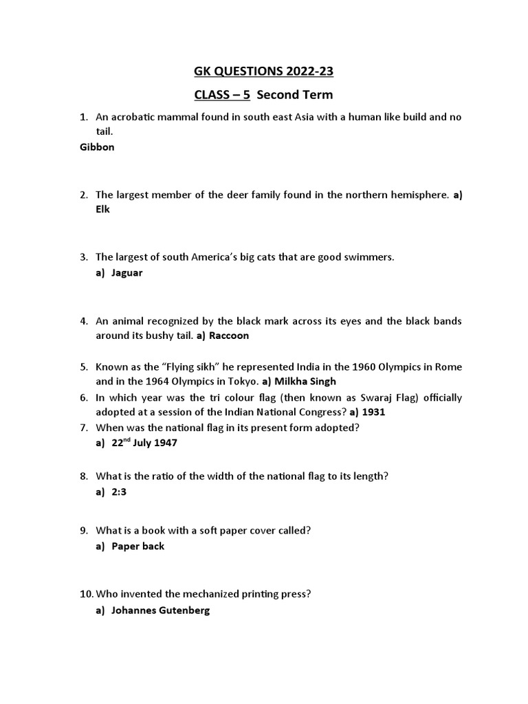 G.K Question Answers (Class 5) 2021-22 | PDF