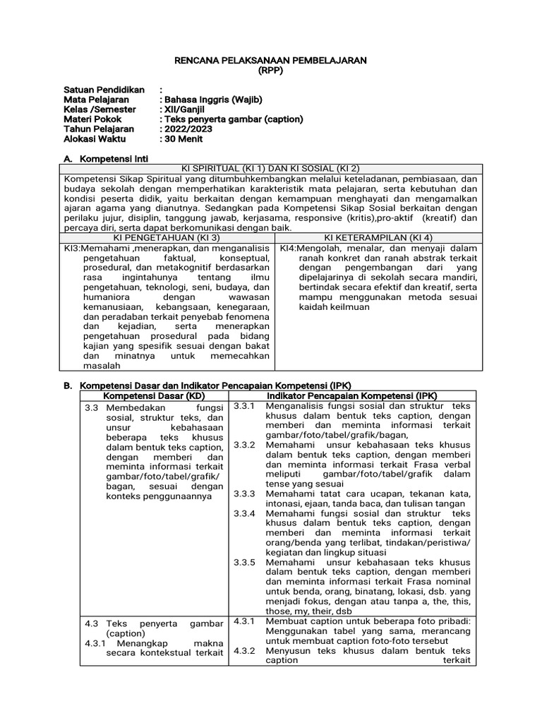 RPPKelas XII Caption | PDF