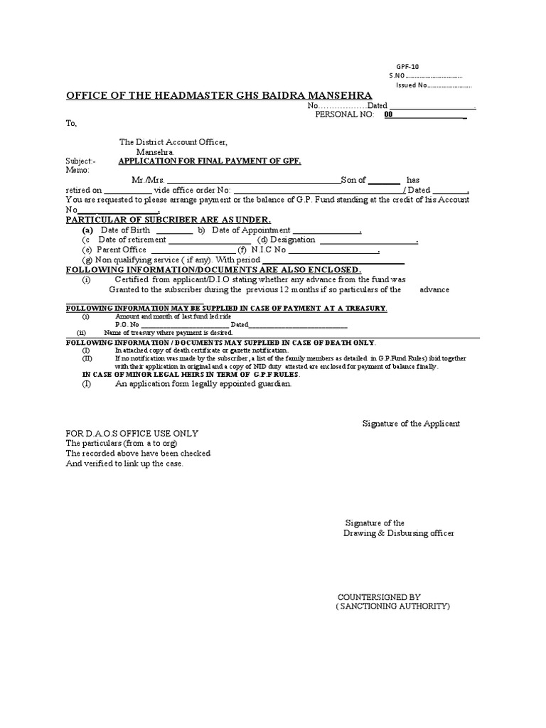 App For Final Payment of GPF | PDF