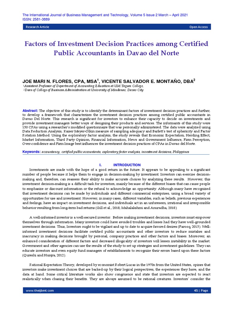 Factors of Investment Decision Practices Among Certified Public Accountants in Davao Del Norte ...