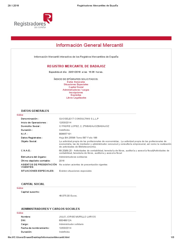 Extract From Trade Register Espania | PDF | Contabilidad | Business