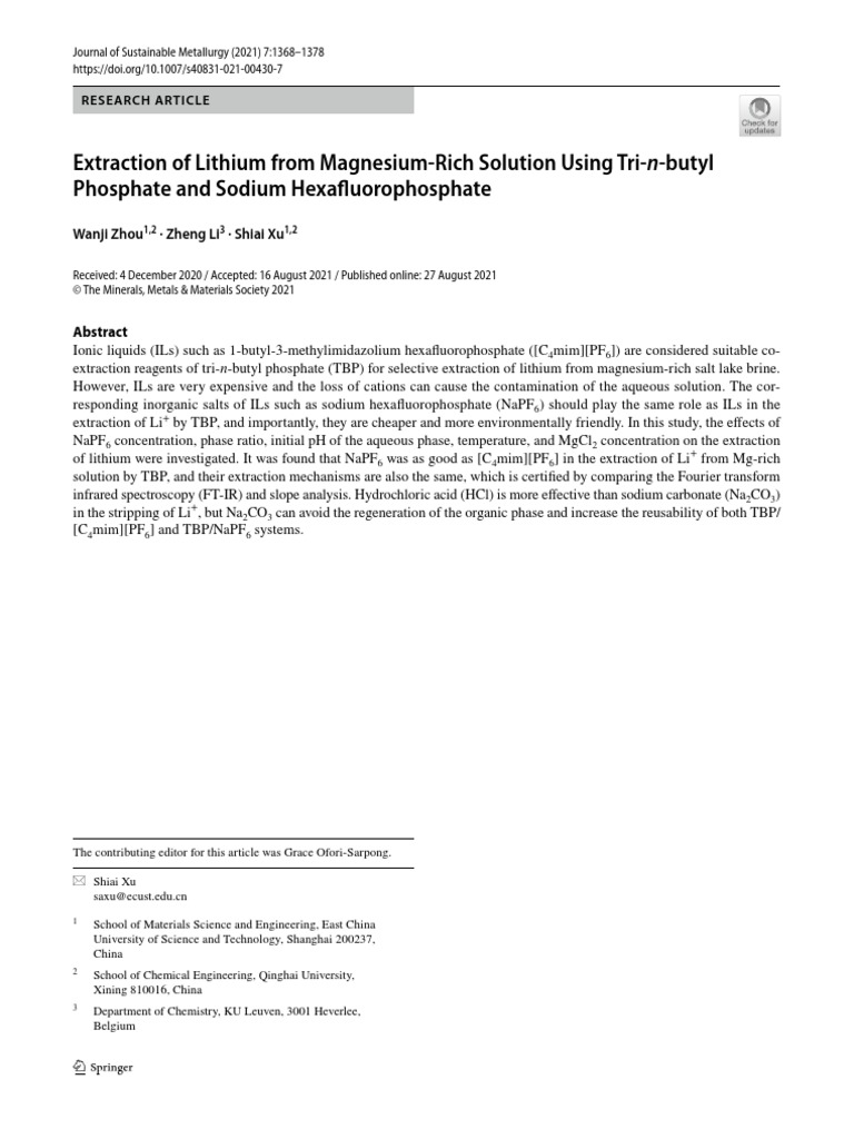 Extraction of Lithium From Magnesium-Rich Solution Using Tri-n-Butyl Phosphate and Sodium ...