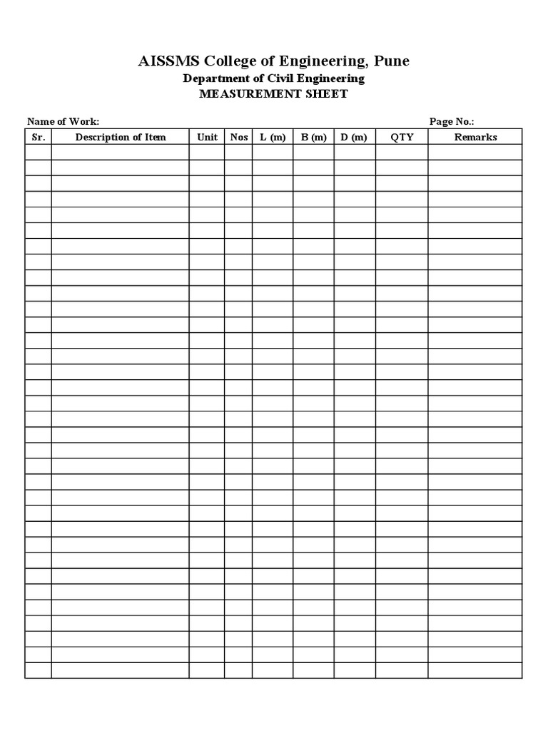 AISSMS College Civil Engineering Measurement Sheet | PDF