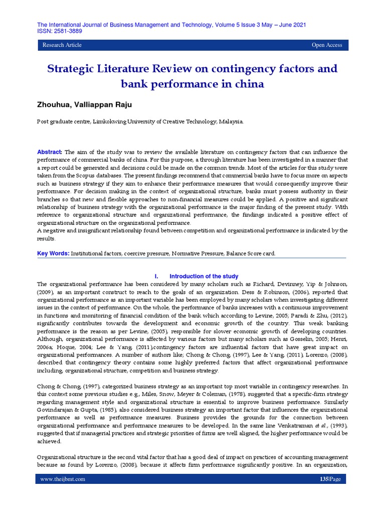 Strategic Literature Review On Contingency Factors and Bank Performance ...
