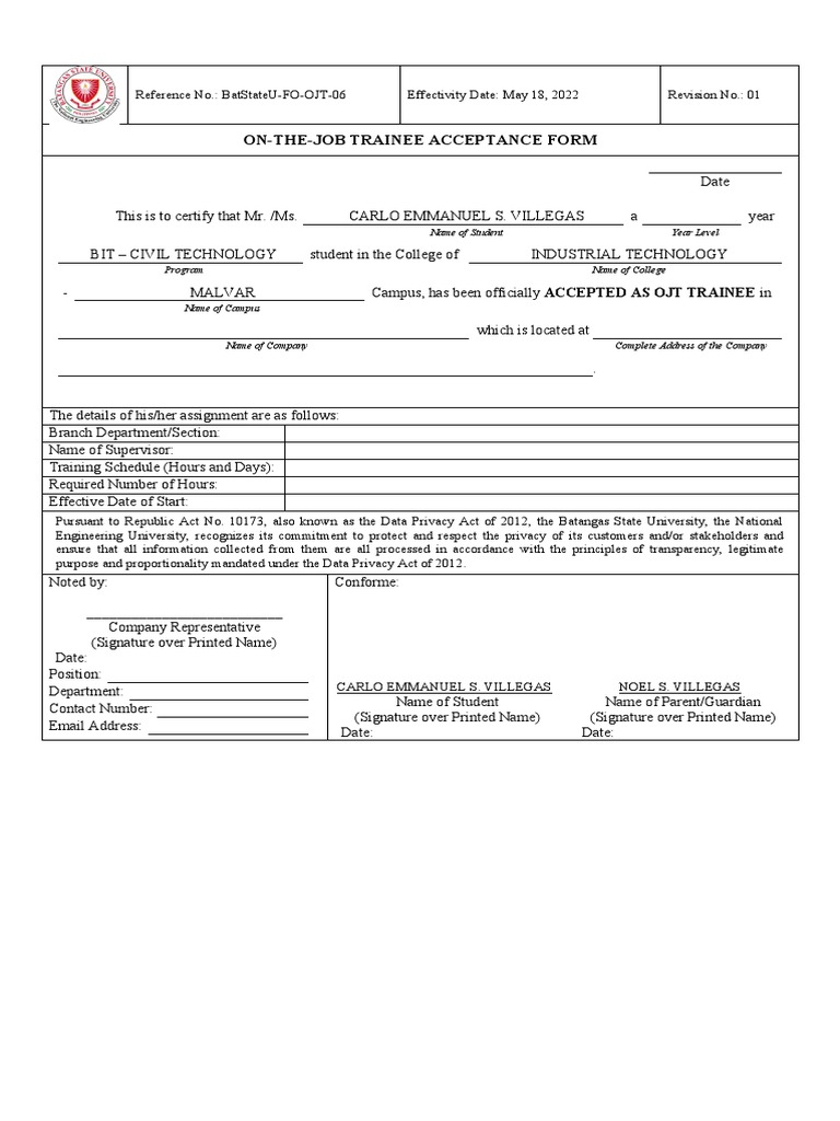 BatStateU FO OJT 06 - On The Job Trainee Acceptance Form - Rev. 01 ...
