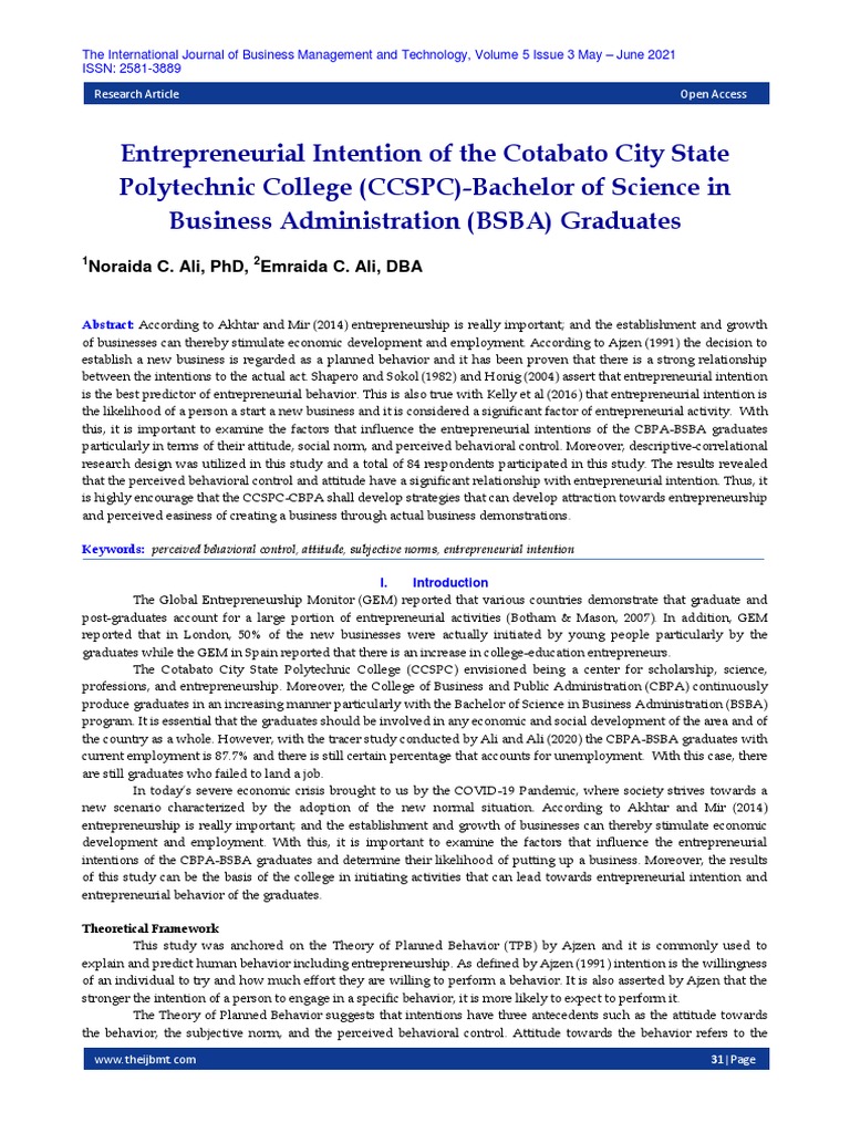 Entrepreneurial Intention of The Cotabato City State Polytechnic ...