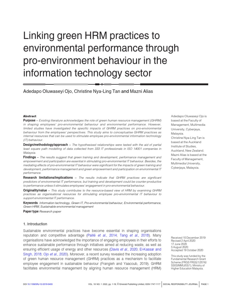 Linking Green HRM Practices To Environmental Performance Through Pro ...