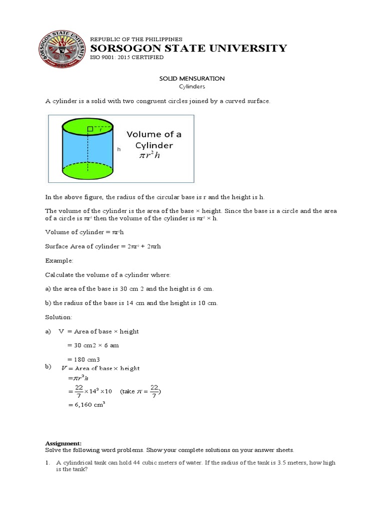 Solid Mensuration: Cylinder Problems | PDF | Area | Volume