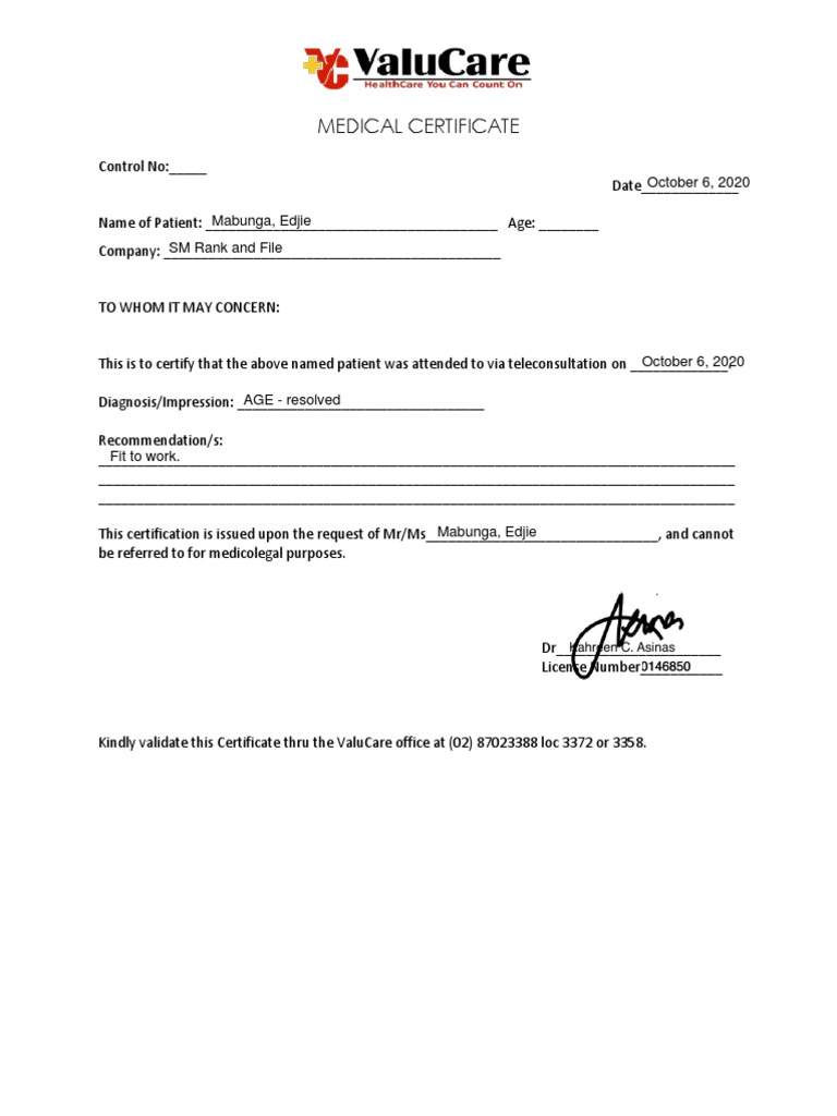 Mabunga Med Cert | PDF