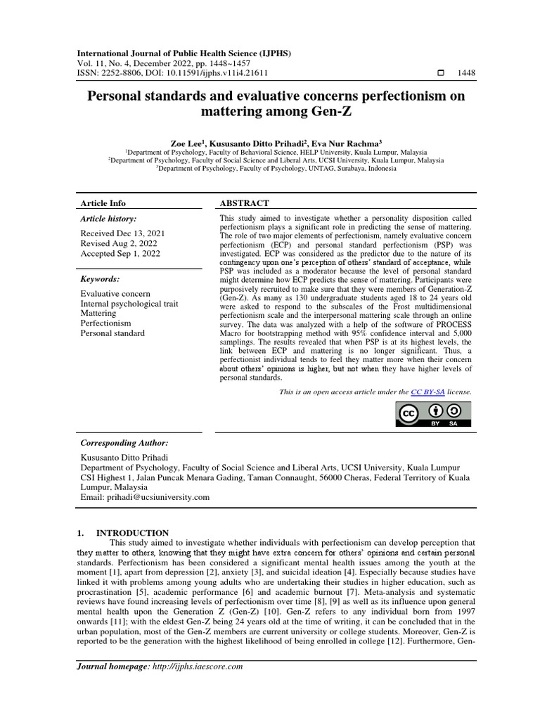 Personal Standards and Evaluative Concerns Perfectionism On Mattering Among Gen-Z | PDF ...