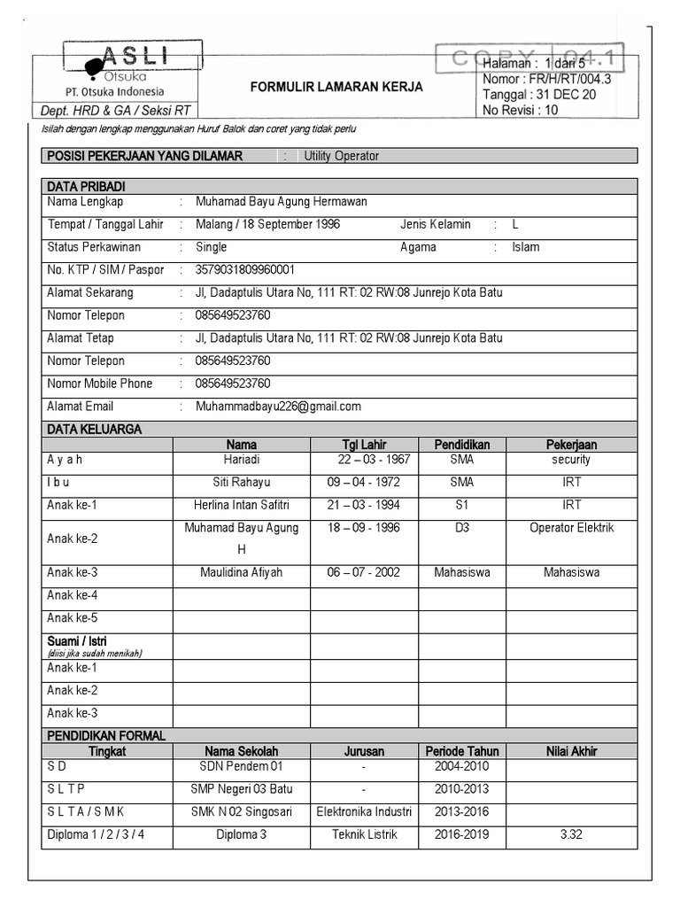 FR-H-RT-004.3 (FORM LAMARAN KERJA) Rev.10 Bayu | PDF