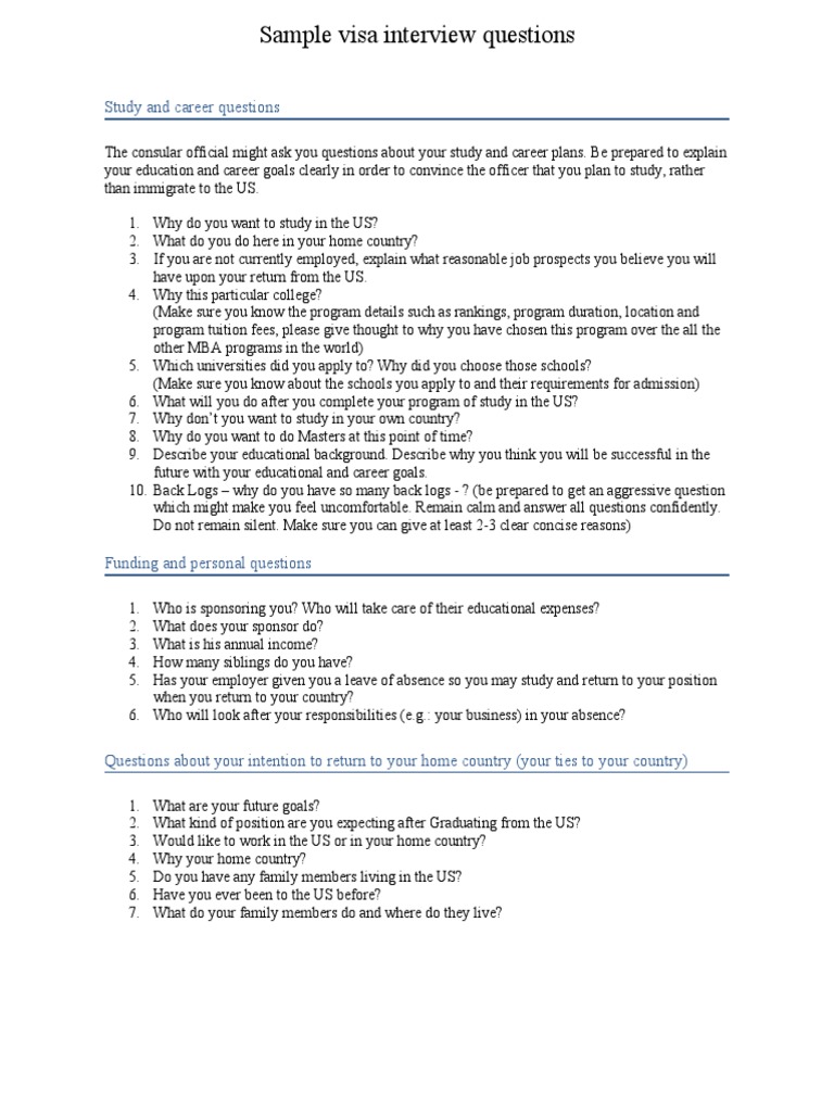 Sample Visa Questions | PDF | Travel Visa