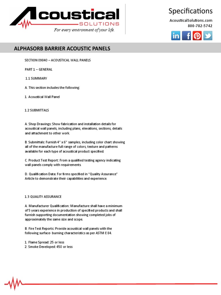 Specifications Alphasorb Barrier Fabric Wrapped Acoustic Panels | PDF | Materials | Physical ...