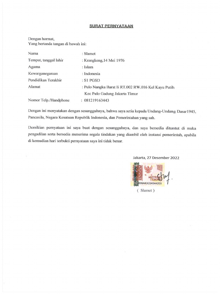 Surat Pernyataan Setia Kepada Uud 1945 Pancasila Nkri Dan Pemerintah Yang Sah Min Pdf 