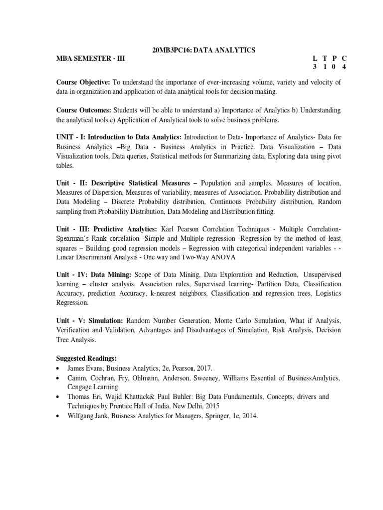 MBA Data Analytics Course Guide | PDF | Analytics | Regression Analysis
