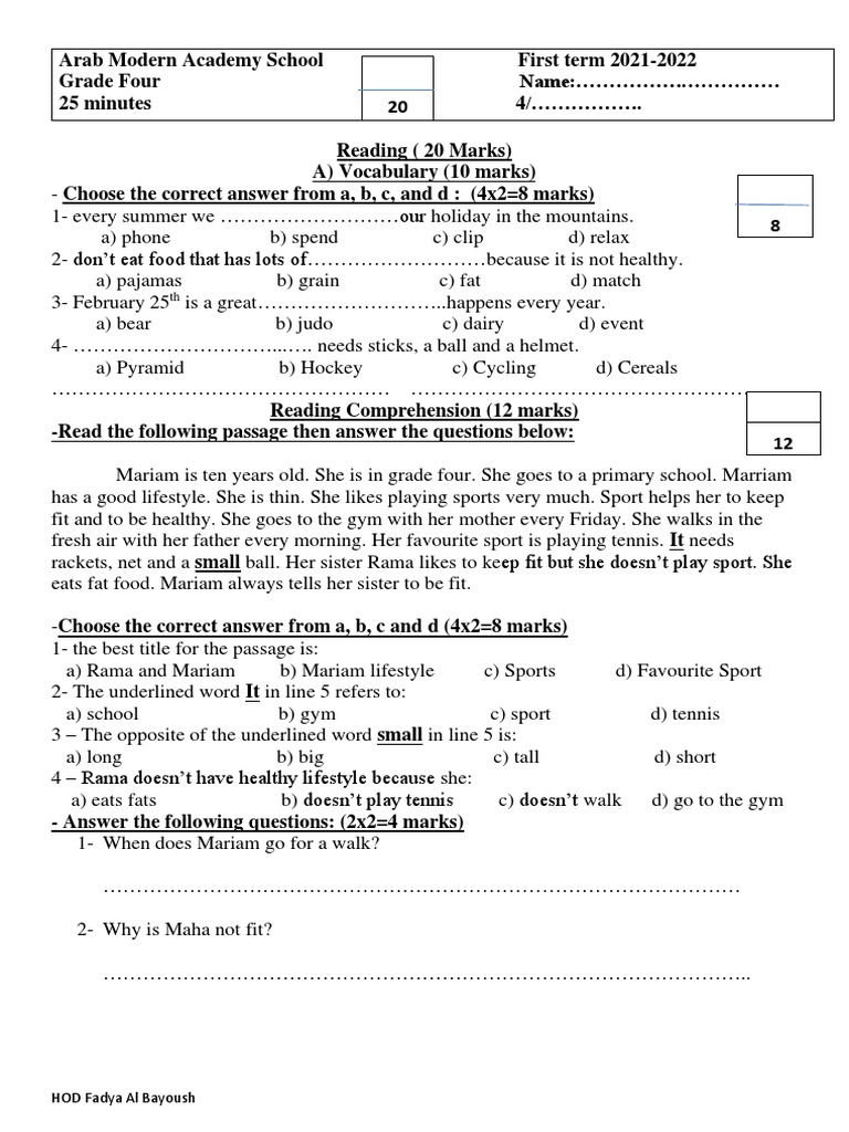 Grade 4 English Summative Test 2021-2022 | PDF | Teaching Methods ...