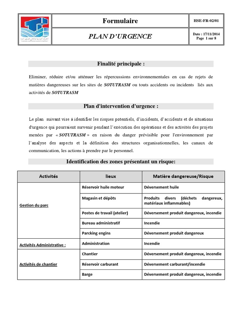 Plan d'Urgence HSE pour Déversements | PDF | Plongée en scaphandre ...