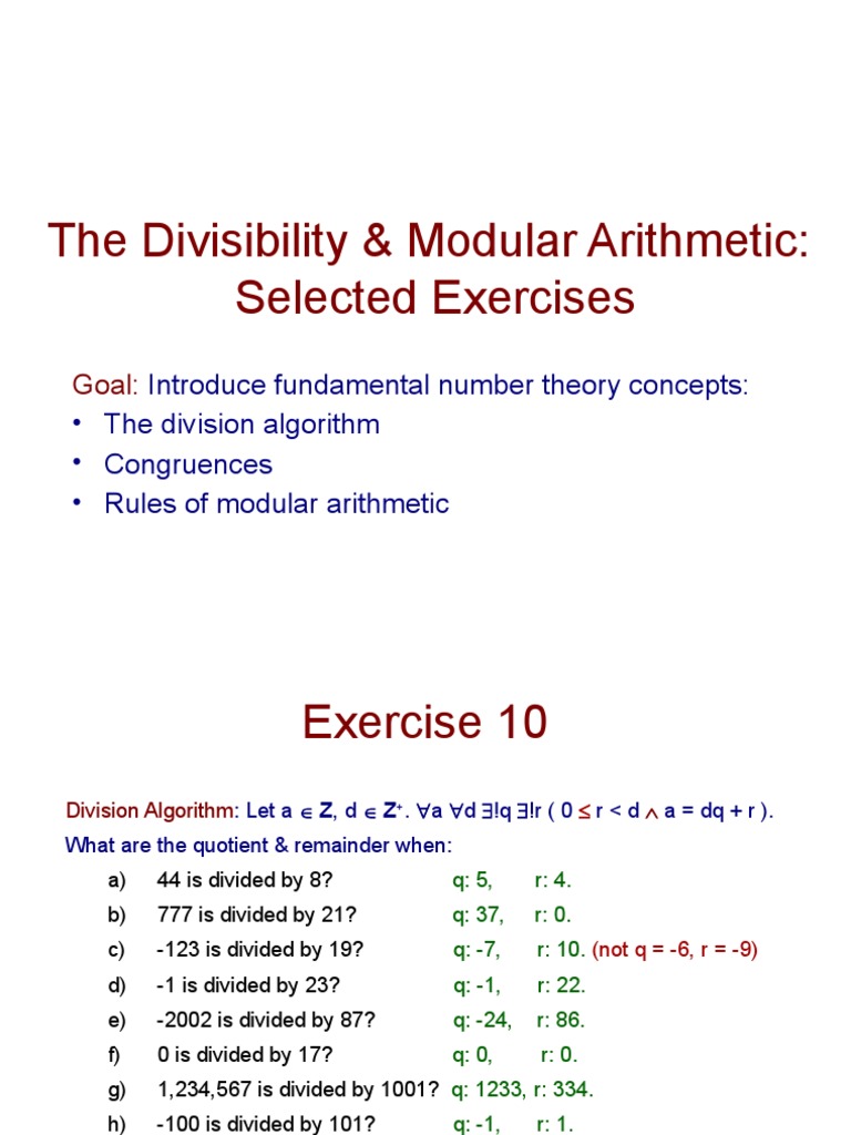 The Divisibility & Modular Arithmetic: Selected Exercises: Goal | Download Free PDF | Applied ...