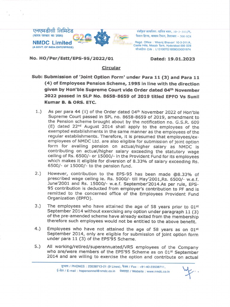 Circular From NMDC LTD On Submission of Joint Option Form For Higher ...