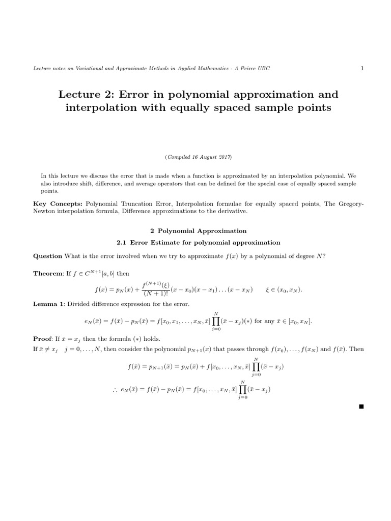 M406 Lecture 2 Error in Polynomial Interpolation Equally Spaced Points | PDF | Finite Difference ...