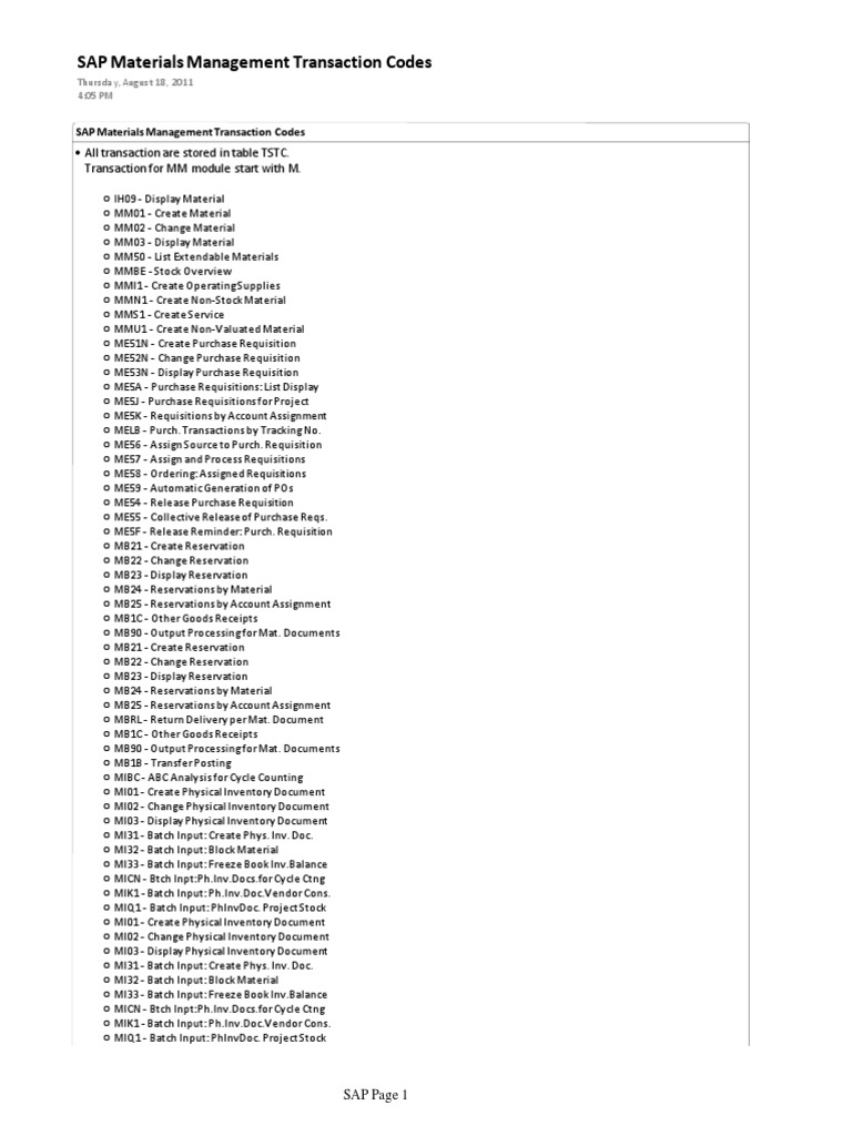 SAP Materials Management Transaction Codes | PDF | Computing | Business