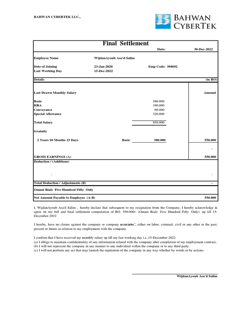 Final Settlement | PDF | Employment | Salary
