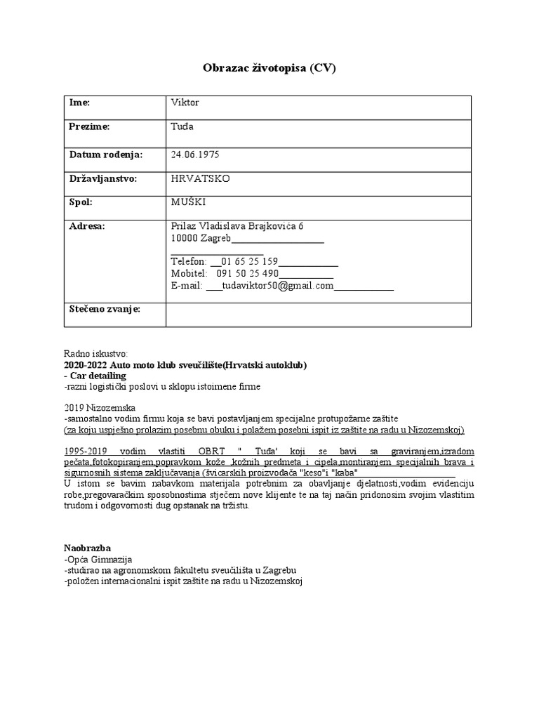 Obrazac Zivotopisa IC | PDF