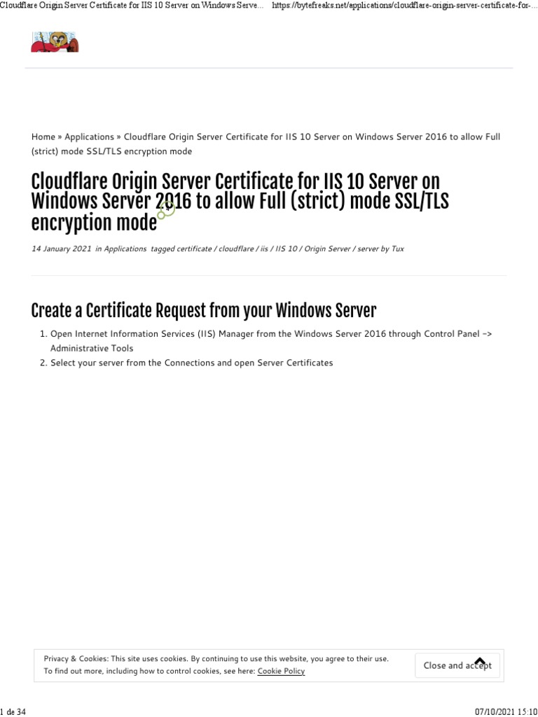 Cloudflare Origin Server Certificate For IIS 10 Server On Windows Server 2016 To Allow Full ...
