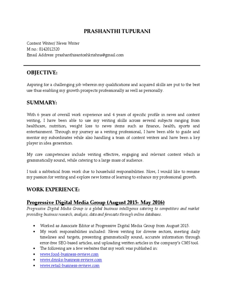 Experienced Content & News Writer Resume | PDF | News | World Wide Web