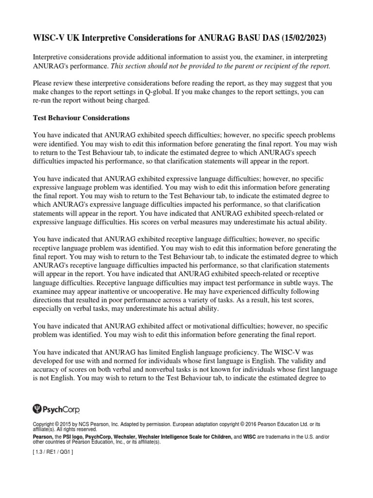 WISC-V UK Interpretive Report - 24511549 - 20230215125433537 | PDF ...