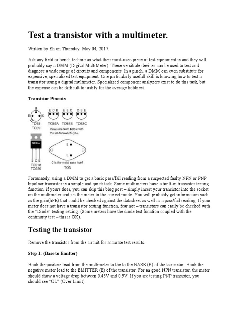 How to Test a Transistor with a Multimeter | PDF | Bipolar Junction ...