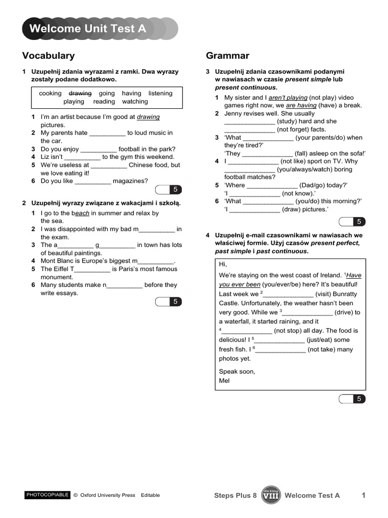 Steps Plus Dla Klasy Viii Testy Do Rozdzialow | PDF