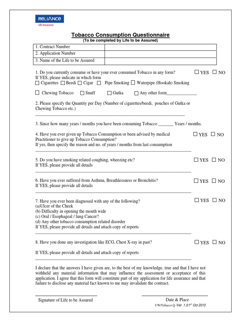 Tobacco Consumption Questionnaire (Medical) | PDF | Tobacco | Smoking