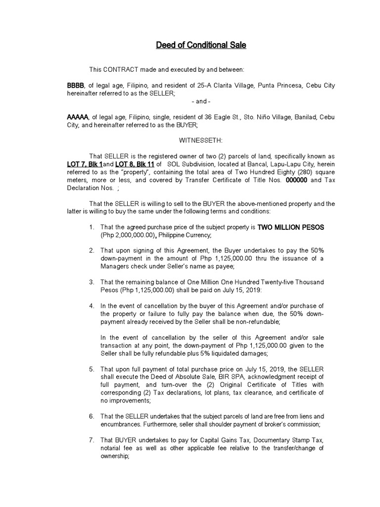 Deed of Conditional Sale Agreement | PDF | Sales | Payments