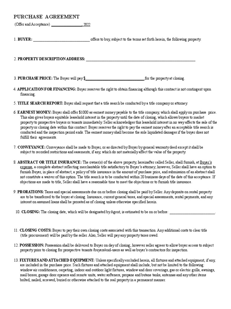 Purchase & Sales Agreement Sample | PDF | Conveyancing | Title Insurance