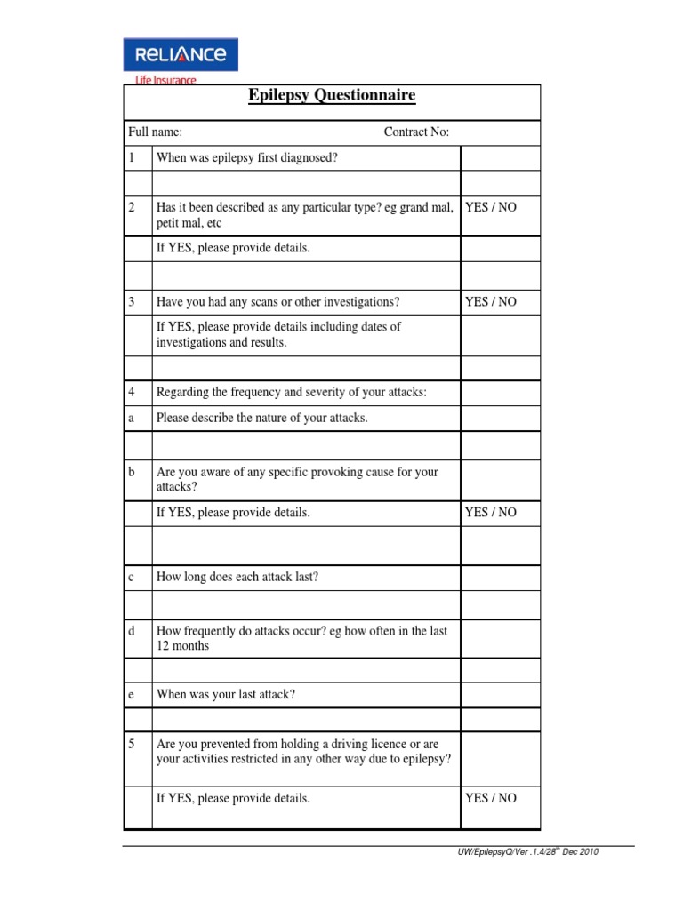 Epilepsy Questionnaire (Medical) | PDF | Epilepsy | Clinical Medicine
