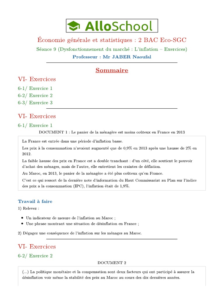 Seance 9 Dysfonctionnement Du Marche L Inflation Exercices | PDF