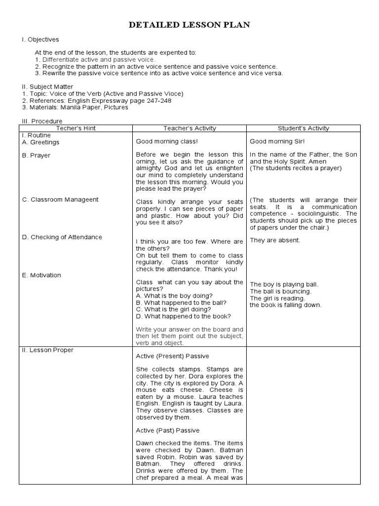 Active and Passive Voice Lesson Plan | PDF | Subject (Grammar) | Verb