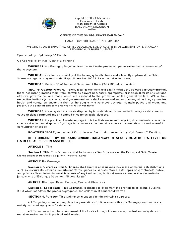 Barangay Ordinance No Solid Waste | PDF | Compost | Waste