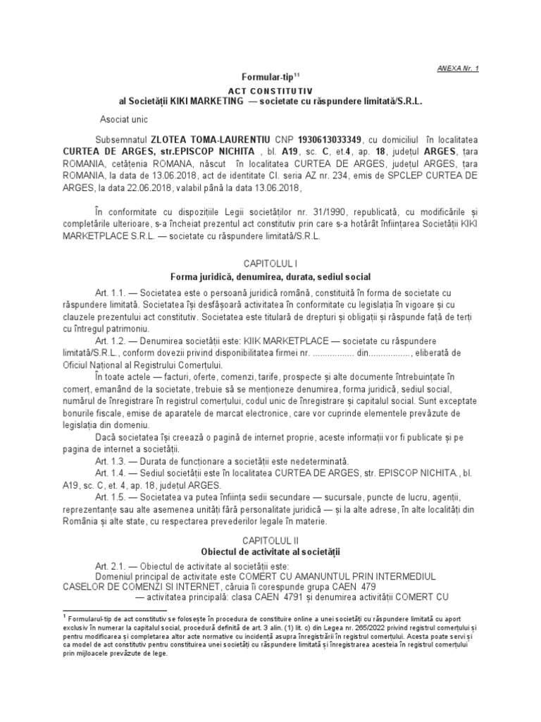 Anexa 1 - Formular Tip Act Constitutiv | PDF