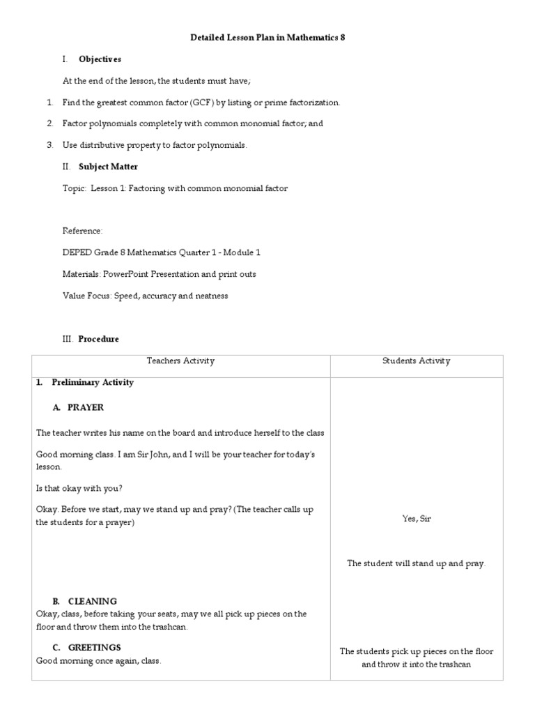Detailed Lesson Plan In Monomial Factor Pdf Factorization Polynomial