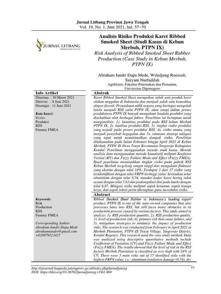 Analisis Risiko Produksi Karet Ribbed Smoked Sheet (Studi Kasus Di Kebun Merbuh, PTPN IX) | PDF