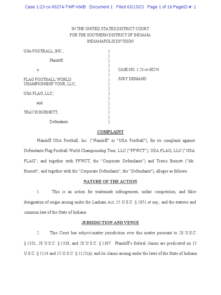 USA Football Complaint | Download Free PDF | Damages | Trademark